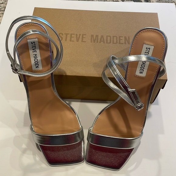 Steve Madden | Shoes | Steve Madden Luxe Silver Square Toe Strappy Heel ...